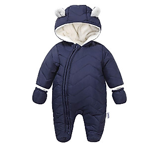 DINGDONG'S CLOSET Baby Boy Girl Winter Hooded Puffer Jacket Snowsuit with Gloves(Navy,9-12M)
