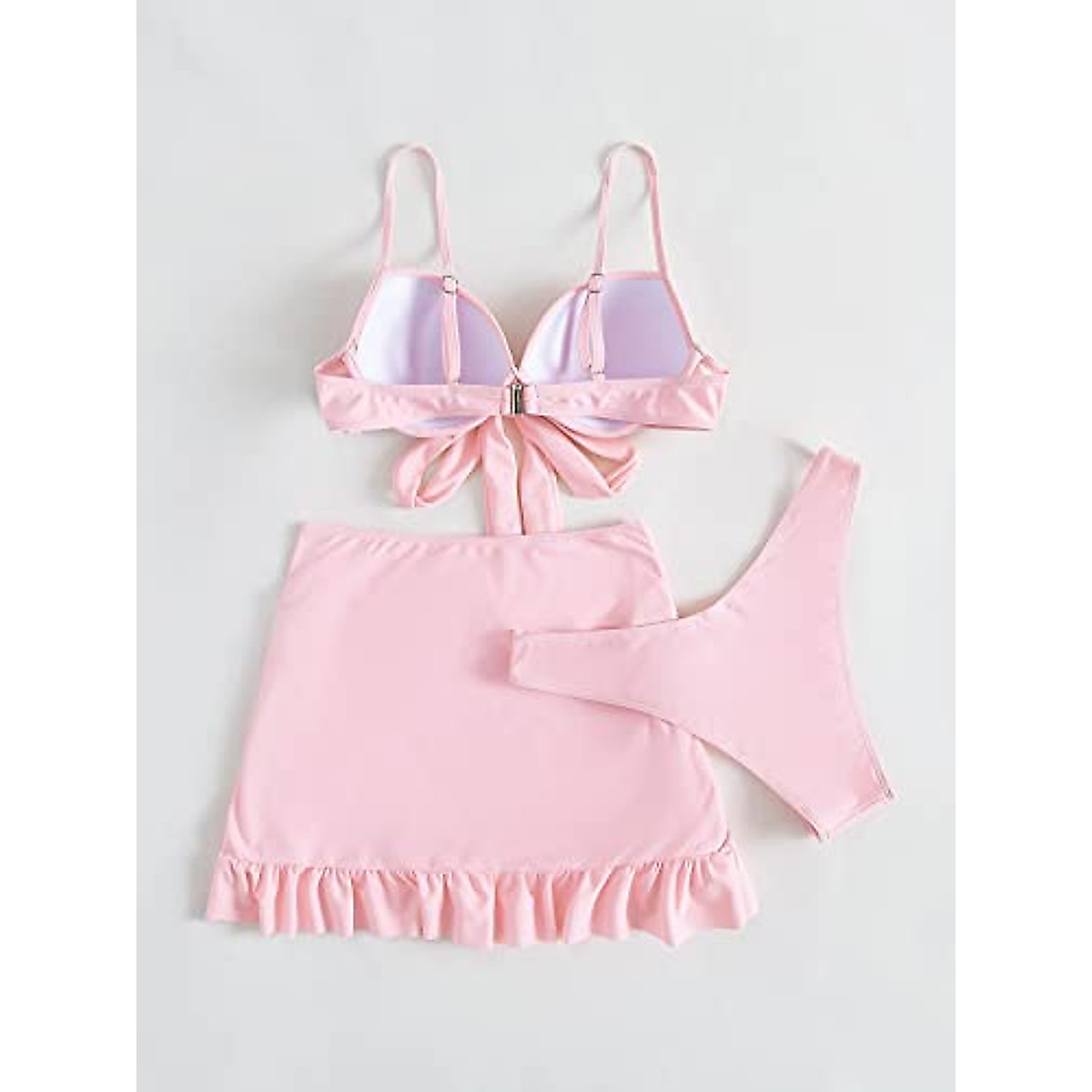 WDIRARA Women's 3 Pieces Tie Front Push Up Bikini Swimsuit with Ruched Ruffle Hem Beach Skirt Pink L