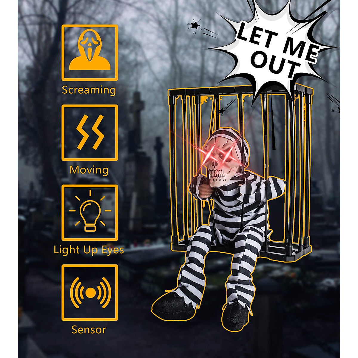 CRILEAL Skeleton Animated Halloween Decorations, Screaming Halloween Decor with Motion Activated & Light Sensor, Spooky Prisoner Cage with Spider Web Haunted House Decorations, Ghost with Hat