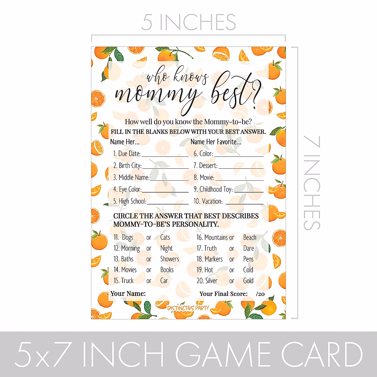 DISTINCTIVS Orange Little Cutie Baby Shower Game, Who Knows Mommy Best Game Cards - 20 Count