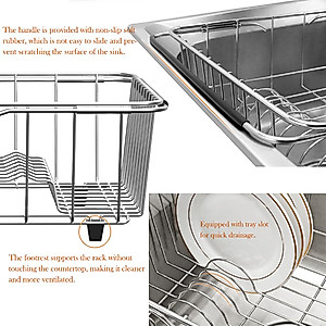 YEECOPON Dish Rack in Sink, Expandable Over The Sink Dish Drying Rack with Utensil Holder and Silicone Drainage pad (Large + 16" Silicone pad)