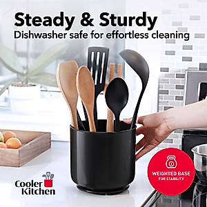 Rotating Extra Large Utensil Holder Crock with No-Tip Weighted Base, Removable Divider, And Gripped Insert - Dishwasher Safe Kitchen Utensil Holder For Kitchen Counter: Cooking Black Utensil Caddy