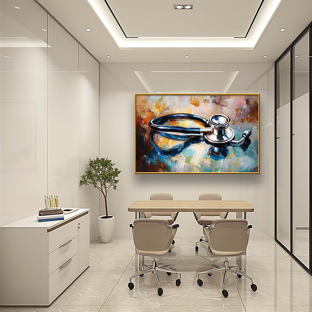 Stethoscope Canvas Wall Art,Medical Wall Art,Orange And Blue Wall Art,Framed Wall Art,Modern Bedroom Decor,Medical Office Wall Art (Gold Metal Framed, 48"Wx27"H/122x68cm)