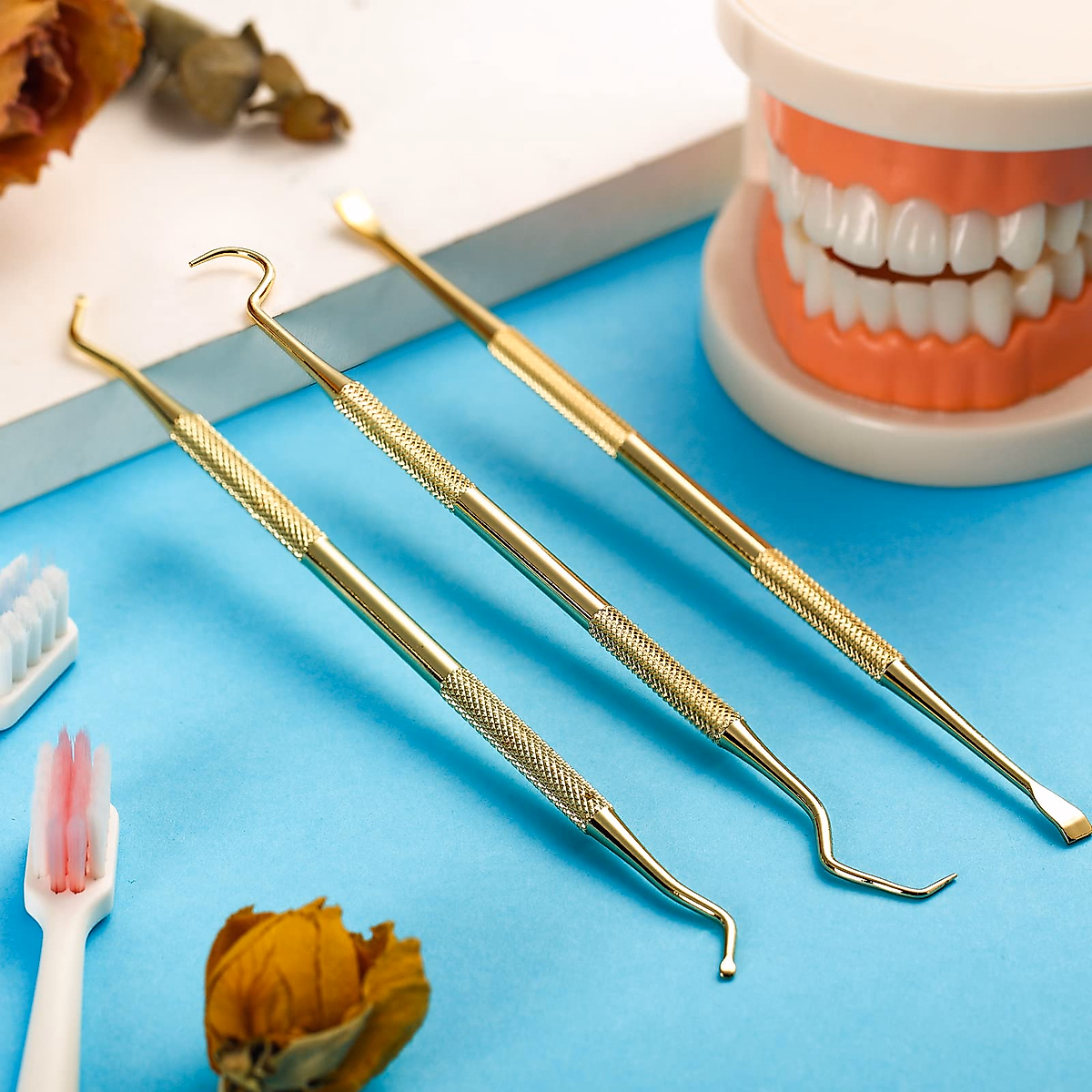 Hotop 3 Pieces Dog Dental Tooth Scaler and Scraper Stainless Double Headed Tarter Remover Scraper Pet Teeth Cleaning Tools for Dog and Cat (Gold)