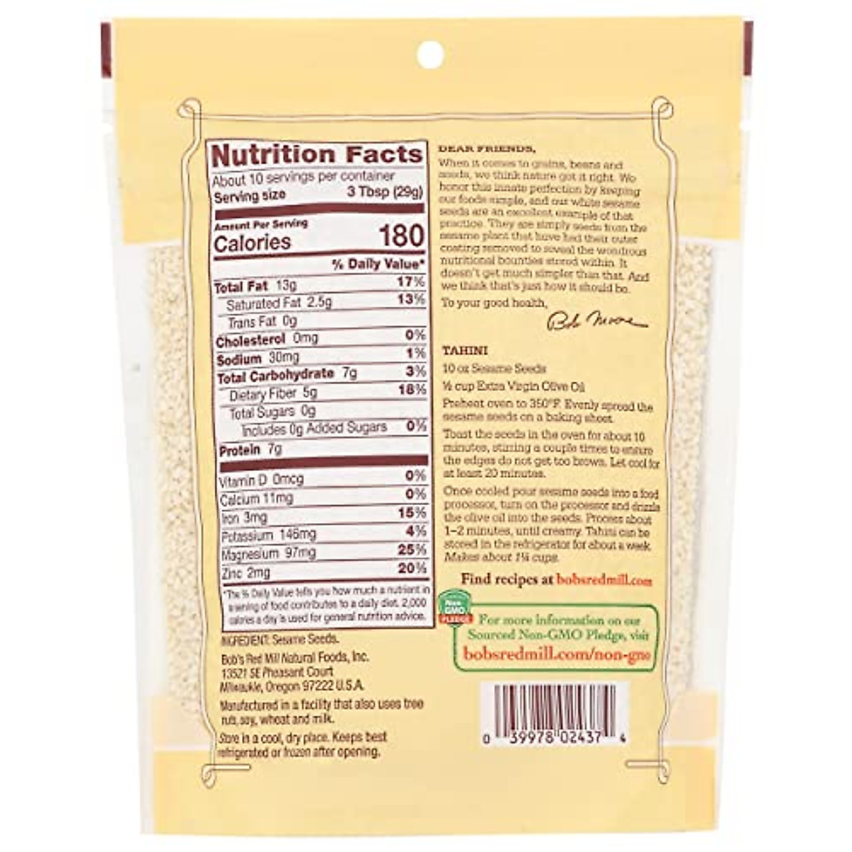 Bob's Red Mill White Hulled Sesame Seeds, Resealable Stan up Bag, 10 OZ