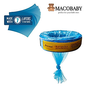 MACOBABY Lavender Scented Diaper Pail Refill Bags - Diaper Trash Can Sacks - Strong Film, 7-Layers For Trapping Bad Odor, Holds 320 Diapers - Disposable Garbage Bin Liners, Baby Essentials - Pack of 4