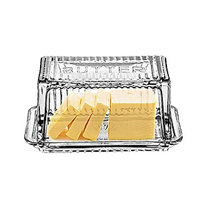 Bezrat Glass Butter Dish with Lid - Butter keeper - 100% Food Safe - Dishwasher Safe - Antique Look with the word "BUTTER" engraved on top - Fits East and West Coast butter sticks