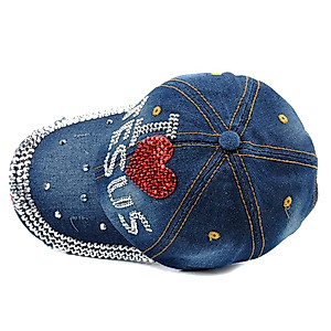Elonmo Bling Rhinestone Hats,I Love Jesus Design Womens Baseball Cap Golf Hat Jeans Wash Denim Adjustable (Color A)