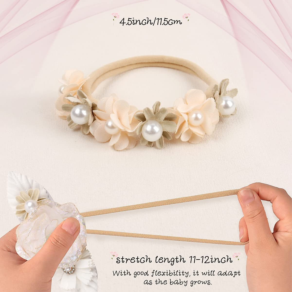 CN Baby Girls Floral Headbands Nylon Flowers Crown Hair Bow Elastic Bands For Newborn Infant Toddlers Kids Pack (white C)