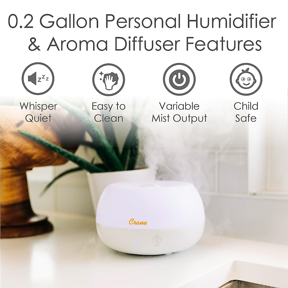 Crane Small Ultrasonic Diffuser and Air Humidifiers for Bedroom and Office, .2 Gallon Cool Mist Humidifier for Personal Use, No Humidifier Filters Needed, White
