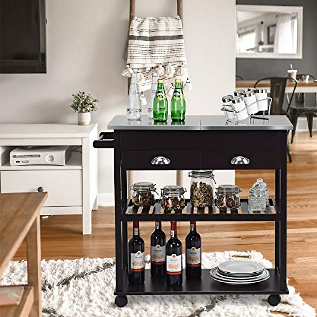 Giantex Kitchen Trolley Cart Rolling Island Cart w/Stainless Steel Flip Top Cutting Table 2 Drawers 2 Shelves Multipurpose Storage Cart Microwave Cart with Towel Rack and Casters (Brown)