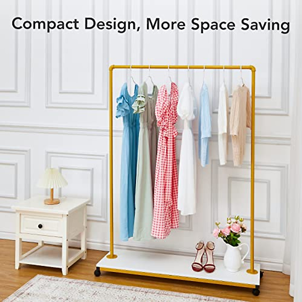 Towallmark Gold Clothing Rack, Heavy Duty Industrial Pipe Clothing Rack with Wood Shelf, Large Space Metal Clothes Garment Rack on Wheels Ideal for Bedroom Living Room Boutique Use 59’’