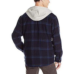 Wrangler Authentics Men's Long Sleeve Quilted Lined Flannel Shirt Jacket with Hood, Navy, Large