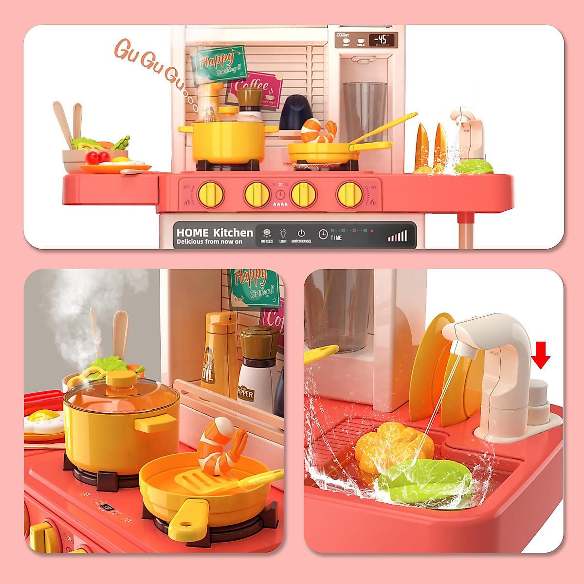 Kids Kitchen Play Set，Interactive Kids Kitchen Play Set with 50Pcs of Pretend Kitchen Toys，Realistic Sound Effects，and Simulated Functionality - Suitable for Toddlers Aged 2-12 Years(Pink)