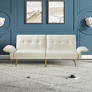 Modern Velvet Futon Sofa Bed,Convertible Folding Sleeper Sofa with 3 Angles Adjustable Back and Armrests,Recliner Couch Bed with Metal Legs for Small Space,Living Room Bedroom Apartment Office,Beige