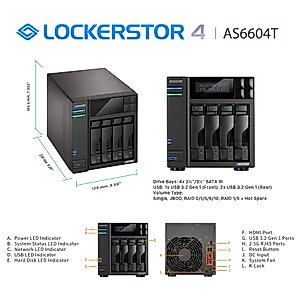 Asustor Lockerstor 4 AS6604T - 4 Bay NAS, Quad-Core 2.0GHz CPU, 2 2.5GbE Ports, 4GB RAM DDR4, 2 M.2 SSD Slots, Network Attached Storage (Diskless)