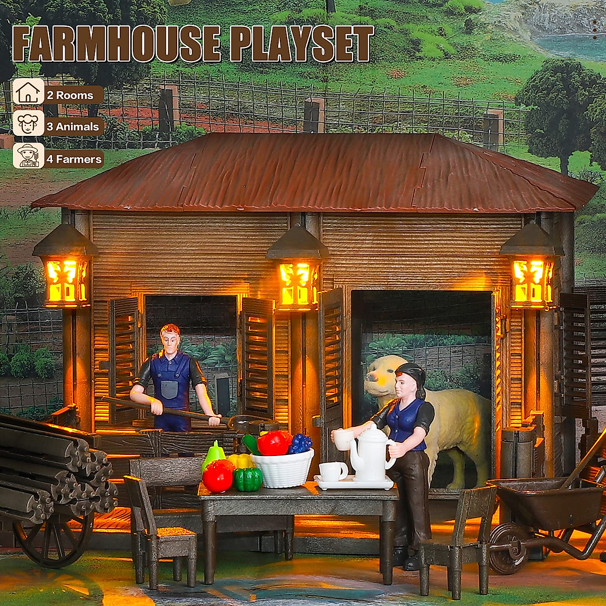 Lucky Doug Farm Animal House Toys Playset for Kids Toddlers Ages 3-8, 122 PCS Building Toys Farmhouse Figures Pretend Play Set with 3 Animals, 4 Figures, A Tractor, 11" L x11 W x 8" H