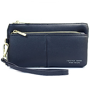 Women Leather Wristlet Clutch Wallet Handbag Purse Travel Cellphone Case Pouch (Black) Small