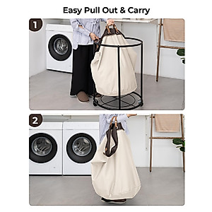 StorageWorks Laundry Basket with Wheels, 210L Extra Large Rolling Laundry Hamper, Round Laundry Cart with Steel Frame and Removable Bag, 4 Casters and 2 Brakes, Beige, 1-Pack