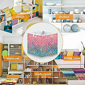 Mermaid Scales Fish Storage Baskets for Shelves Foldable Collapsible Storage Box Bins with Fabric Bins Cube Toys Organizers for Pantry Organizing Shelf Nursery Home Closet,11 x 11inch