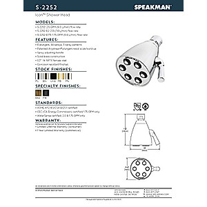 Speakman S-2252 Signature Icon Anystream Adjustable High Pressure Shower Head-1.75 GPM Solid Brass Replacement Bathroom Showerhead, Polished Chrome, 2.5