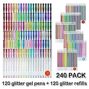 Shuttle Art 240 Pack Glitter Gel Pens, 120 Colors Glitter Gel Pen Set with 120 Refills for Adult Coloring Books Craft Doodling