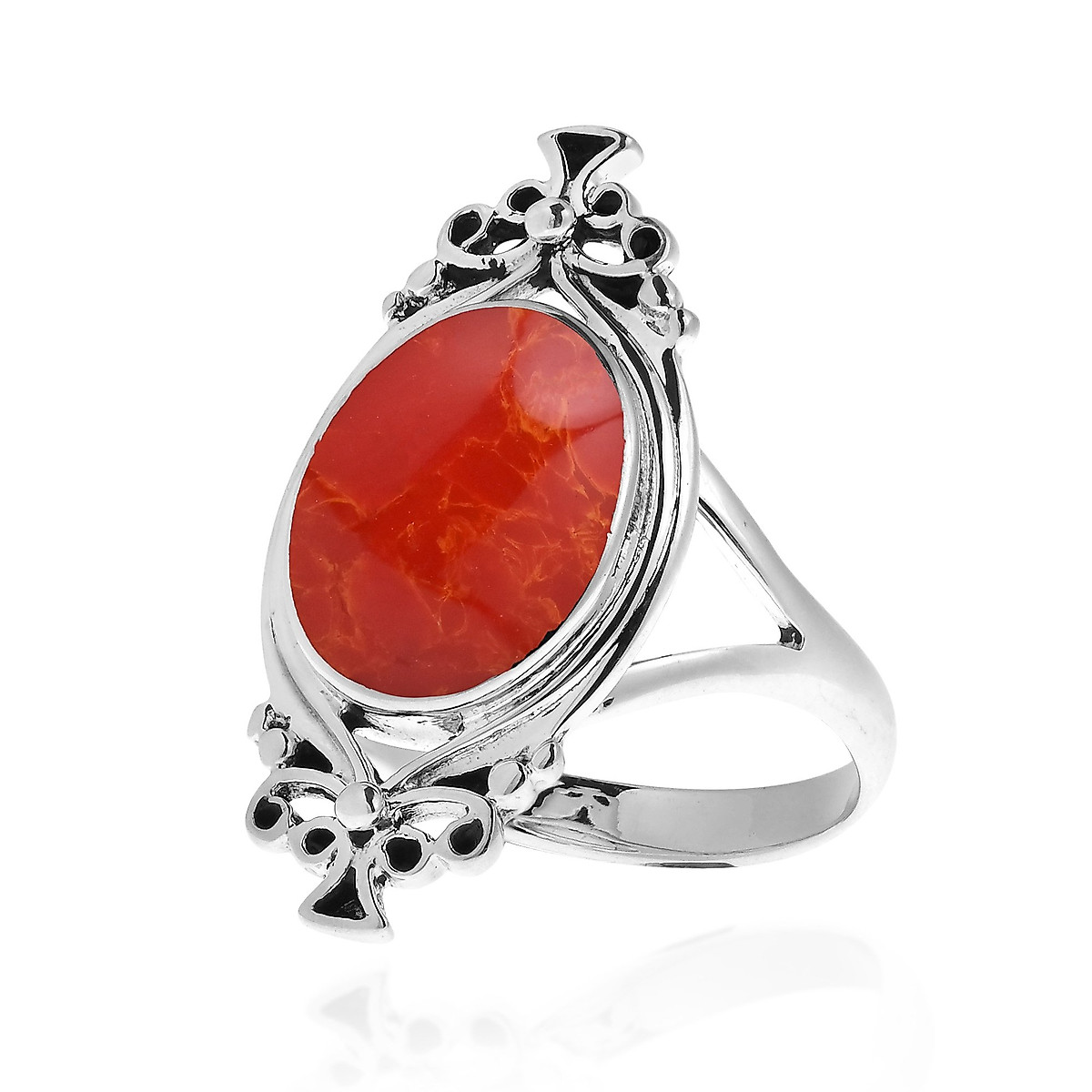 Reconstructed Red Coral Vintage Style .925 Sterling Silver Ring (8)