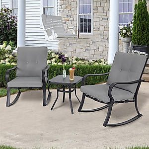 Incbruce 3 Piece Patio Bistro Set Outdoor Rocking Chairs Set, Porch Patio Chairs Set of 2 with Coffee Table (Gray Thickened Cushion)
