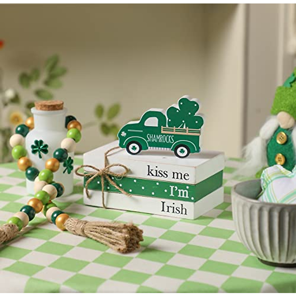 St. Patrick's Day Tiered Tray Decor, 1 St. Patrick's Wood Book Stack, 1 Bead Garland, I’m Irish Shamrock Mini Faux Decorative Books Bundle, Farmhouse St. Patrick's Party Table Mantle Decor