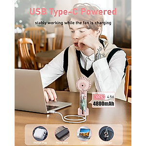 Coohea Mini Handheld Fan 4800mAh Battery Portable Fan USB Rechargeable Eyelash Fan 3 Speeds Wind Powerful Makeup Fan Cute Small Fan with Base & Lanyard for Hand Held Desk Travel Beach Office, Pink