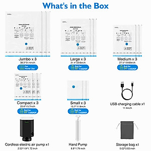 Vacuum Storage Bags with Cordless Powerful Electric Air Pump,15 Pack (3 Jumbo/3 Large/3 Medium/3 Compact/3 Small) Reusable Space Saver Bags,Vacuum Seal Bags for Travel, Clothes,Compression Sealed bags
