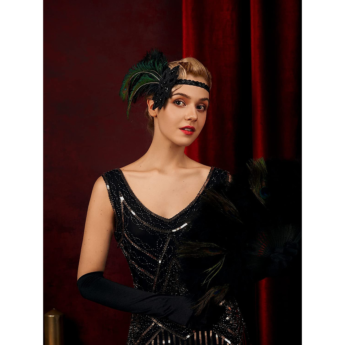 SWEETV 1920s Flapper Feather Headband, 20s Sequined Showgirl Headpiece, Gatsby Hair Accessories for Women (Burgundy)