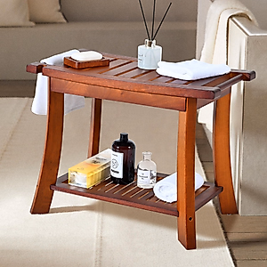 Jekruiet Teak Shower Chair Stool, 24 Inch Shower Bench Seat, Wooden Bathroom Bench with Storage Shelf for Adults, Elderly, Disabled Indoor & Outdoor Use