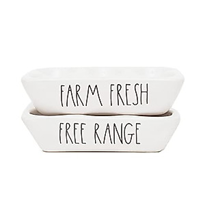 Rae Dunn by Magenta Stoneware Egg Trays - Set of 2 Farmhouse Style Egg Holders Fit 12 Eggs, Hand Lettered "Farm Fresh" and "Free Range"