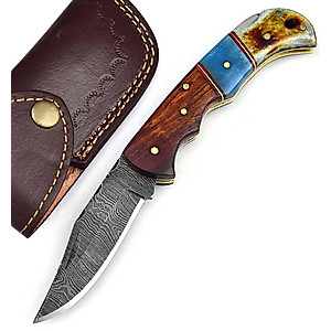 Back Lock Handmade Folding knifeBack Lock Pocket knife Damascus Steel Blade Back Lock Camel Bone Handle Leather Sheath BW-5173