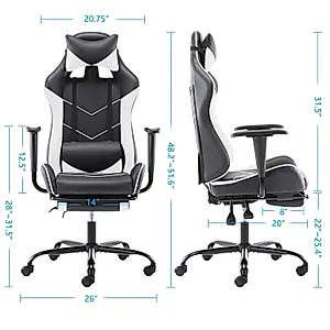 Gaming Chair PU Leather Racing Chair with Footrest, High Back Recliner Swivel Office Chair Headrest Ergonomic Lumbar Support Desk Chair, Executive Task Computer Chairs, White