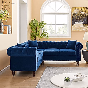 ERYE 80" Symmetrical Sectional Sofa,Button Tufted Velvet Upholstered Modular Sofa & Couch,Luxury Roll Arm Classic Chesterfield Couch,Nail Head Decor L-Shaped Corner Sofá with 3 Pillows, Blue