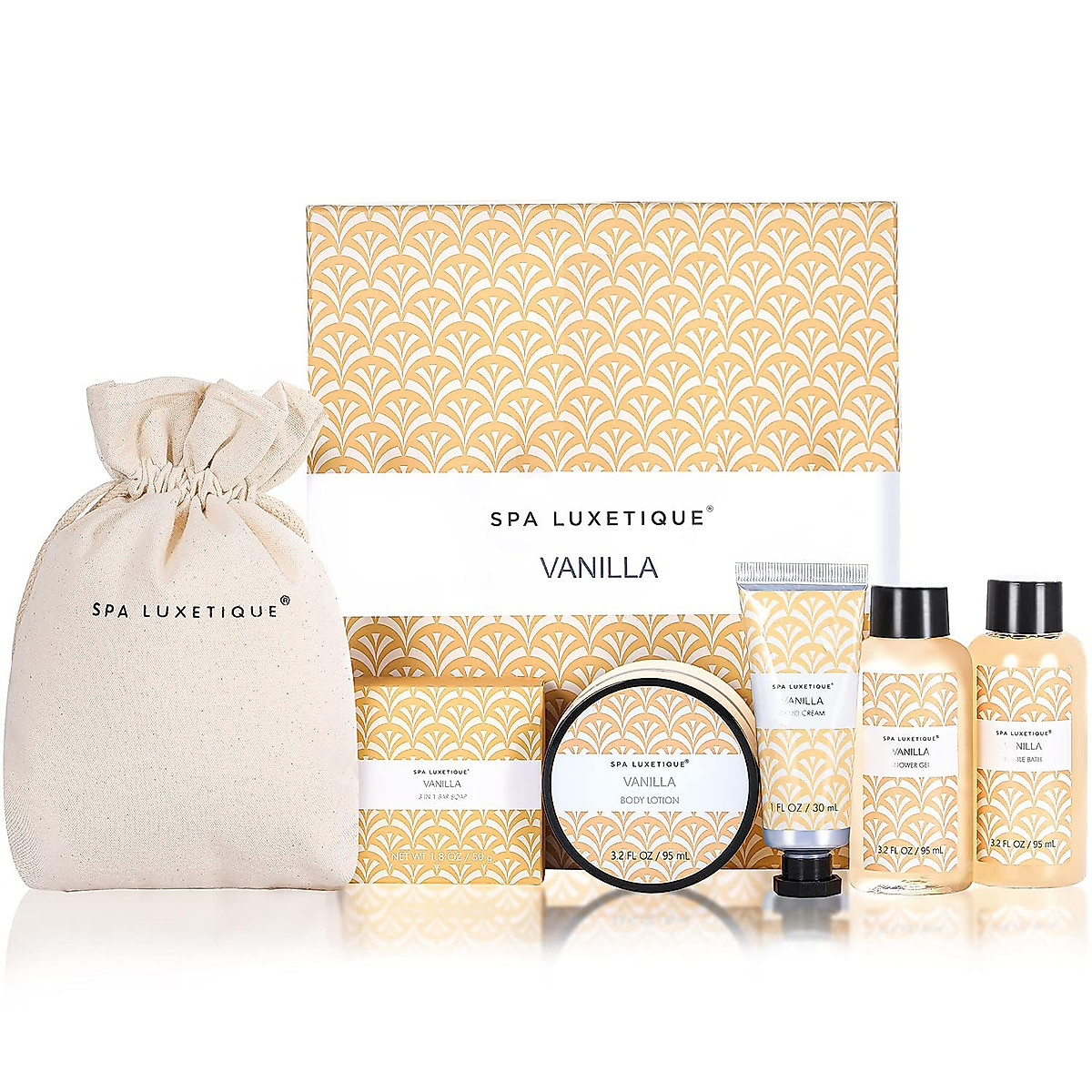 Spa Luxetique Spa Gifts for Women 6pc Vanilla Bath Sets Women Gift With Body Lotion, Shower Gel, Bubble Bath, Hand Cream, Bath and Body Gifts Set, Valentines Day Gifts for Her, Bath Gifts for Women