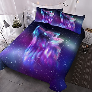 BlessLiving Howling Wolf Duvet Cover King Purple Galaxy Pattern Printed Colorful Space Bedding Quilt Cover and 2 Pillow Shams for Boys Kids Teens 3 Piece Soft Comforter Cover