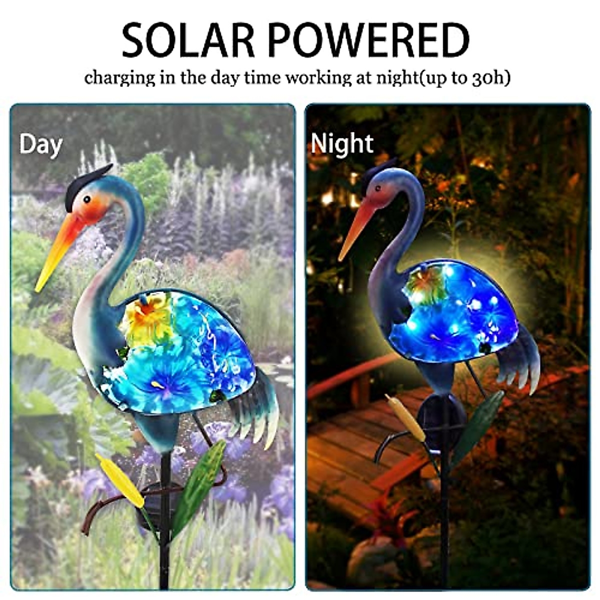 WUFEILY Heron Solar Garden Lights, Hand-Painted Glass Solar Garden Decor, Lawn Ornaments Solar Stake Lights Yard Art Solar Landscape Lights for Patio Lawn Yard Porch Decor