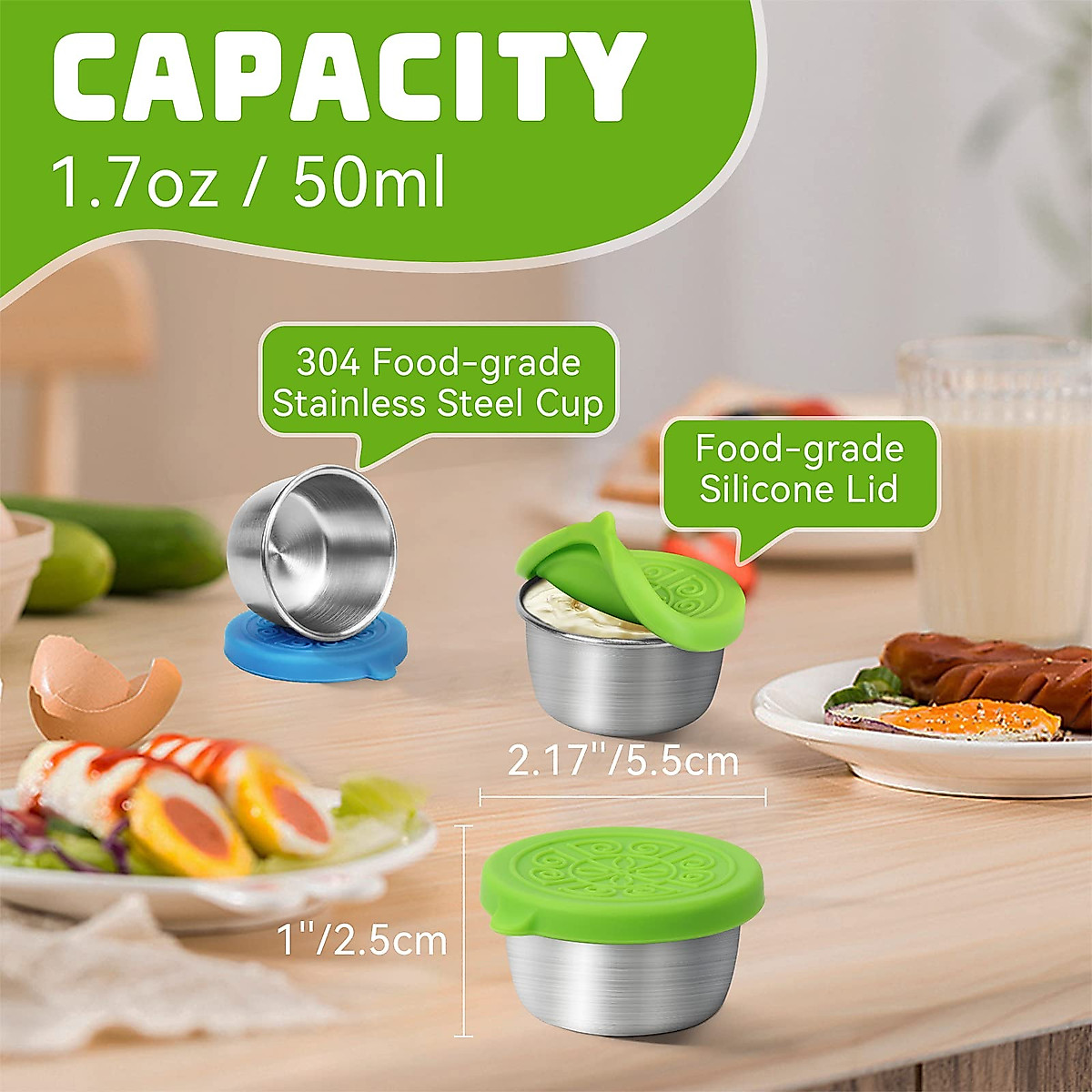 TAOUNOA 12 Pack Salad Dressing Container, 50ml Condiment Containers with Lids Small Stainless Steel Dipping Sauce Cups Reusable Condiment Cups 1.7oz