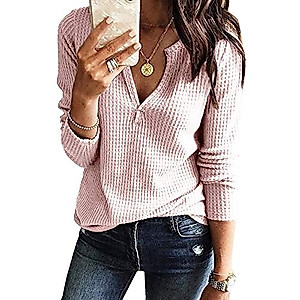 Women's V Neck Waffle Knit Henley Tops Casual Long Sleeve Pullover Sweater Blouses (Light Pink-2, Large)