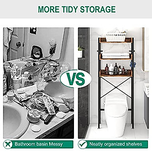 NicQliear Over The Toilet Storage Rack - 3-Tier Bathroom Organizer Shelf Over Toilet - Bathroom Space Saver Above The Toilet with 2 Hooks and 1 Toilet Paper Storage - Rustic Brown