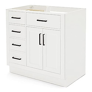 ARIEL Hepburn Bathroom Vanity Base Cabinet 36" White, Right Offset Sink Configuration, 2 Soft Closing Doors, 5 Full Extension Dovetail Drawers, Toe Kick, Matte Black