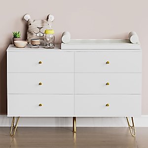 REHOOPEX White Dresser for Bedroom with 6 Drawers, Modern Wood 6 Drawer Dresser with Black Knobs, Chest of Drawers for Nursery, Kids Bedroom, Living Room, Closet, Entryway (White)