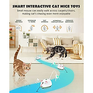 Bumfey 4-in-1 Automatic Cat Mice Toys for Indoor Cats, Interactive Electric Moving Cat Toys with Feather, LED Lights, Bird Sound, Laser, Smart Kitten Toys for Pet Exercise Playing