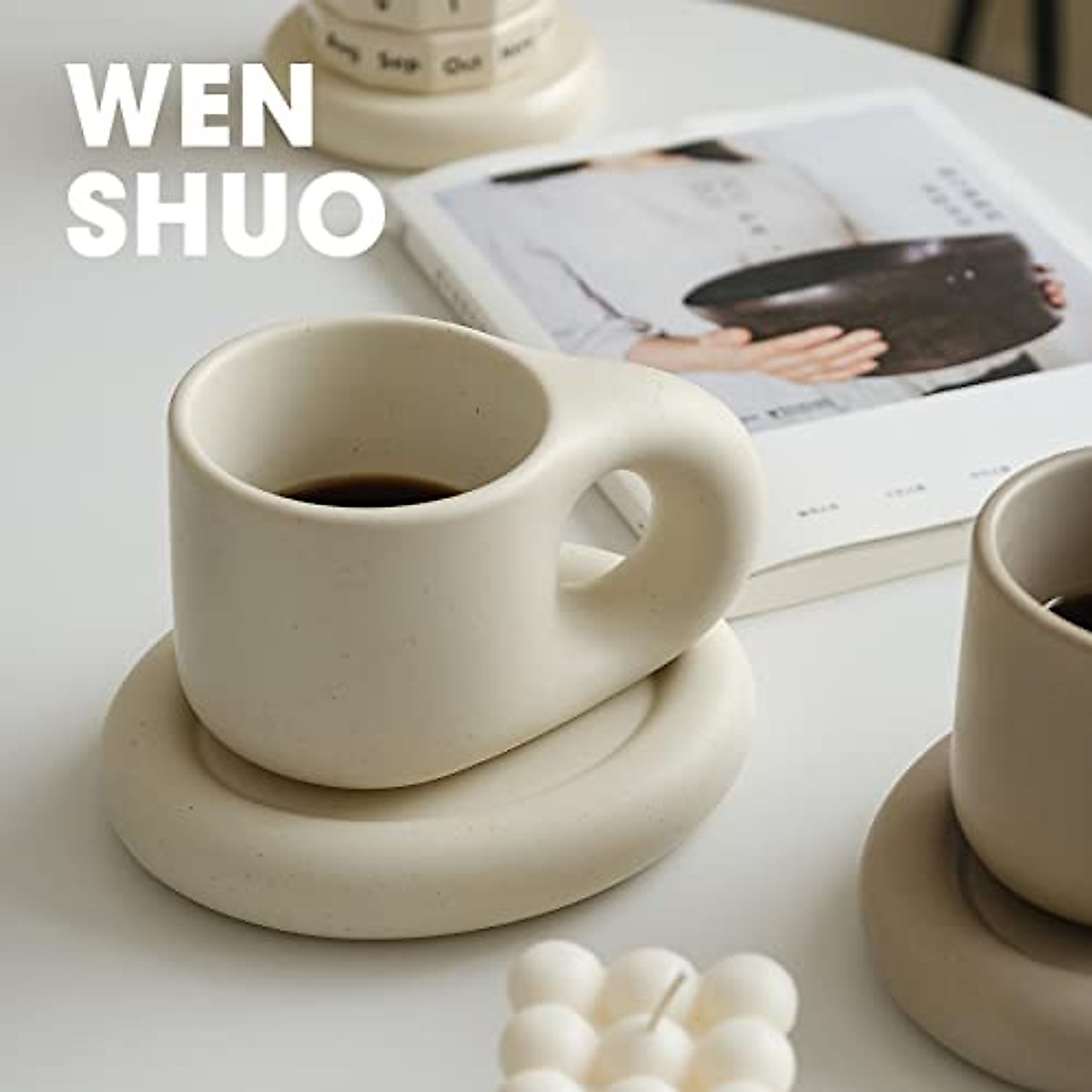 WENSHUO Chubby Funny Coffee Mug, Novelty Cute Cup and Saucer, Matte Crème, 9 oz (Matte Crème)