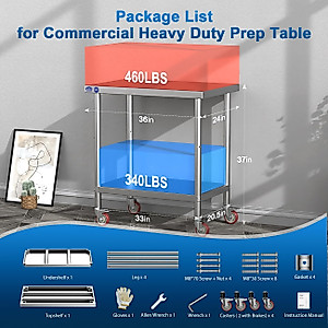 Leteuke Stainless Steel Prep Table, NSF Metal Work Table, SUS201 Commercial Heavy Duty Table with Adjustable Undershelf, Food Prep Table with Wheels for Restaurant Kitchen - 36" x 24" x 37"