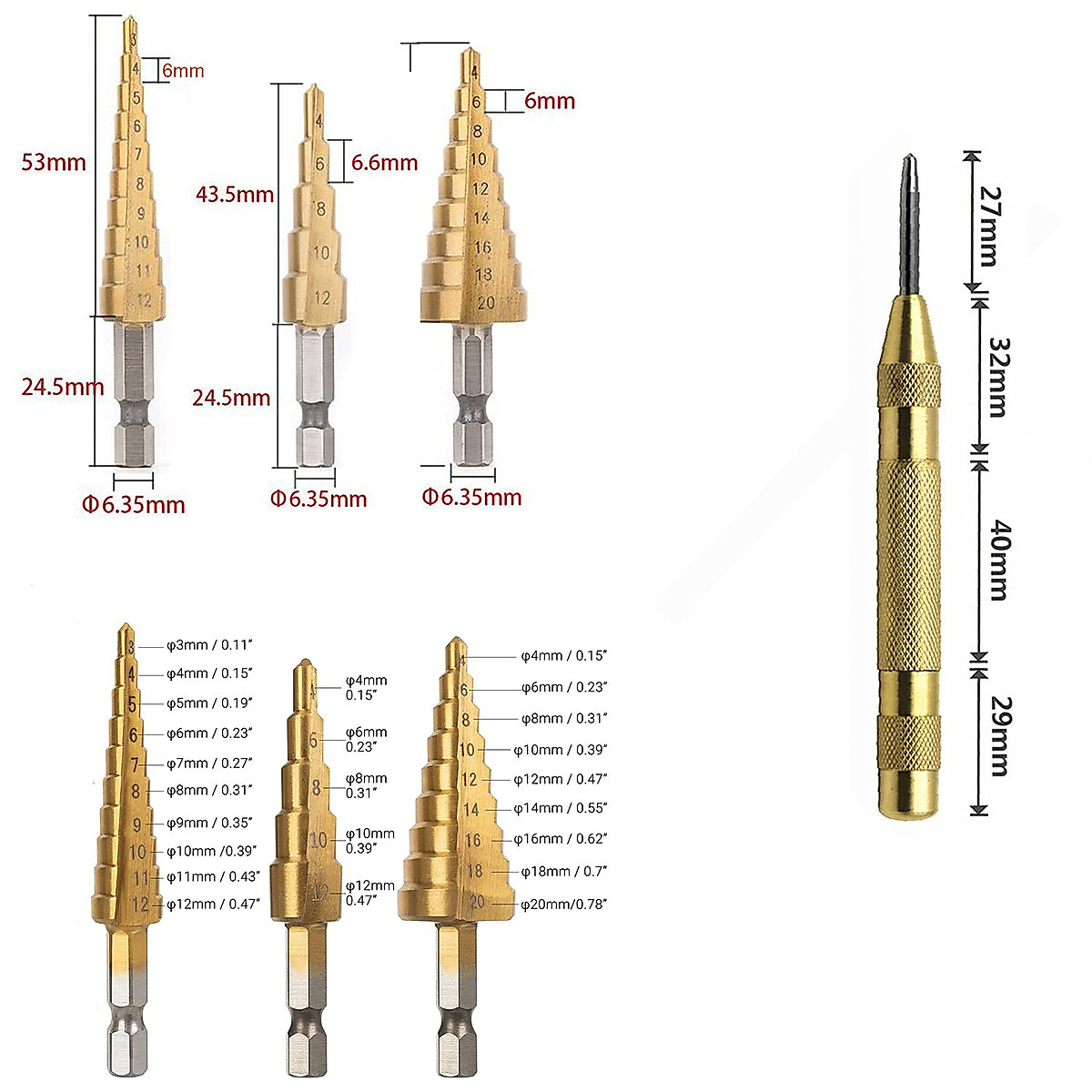 Step Drill Bit Set for Metal, 1/4inch High Speed Steel Titanium Coated Metric Straight Groove Step Drill Bits Set with Automatic Spring Loaded Center Punch Power Tools