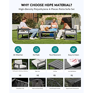 SERWALL 4 Pieces Outdoor Conversation Sofa Set with Cushions, HDPE Outdoor Couch Loveseat Furniture with Side Table All Weather Use for Patio, Balcony, Deck, Poolside, Grey Frame with Khaki Cushions